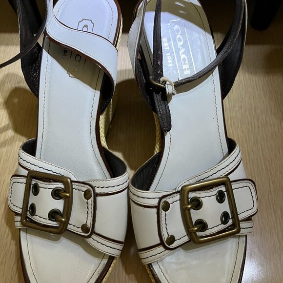 Coach | Shoes | Euc Coach Barrie White Raffia Platform Wedge Sandals ...
